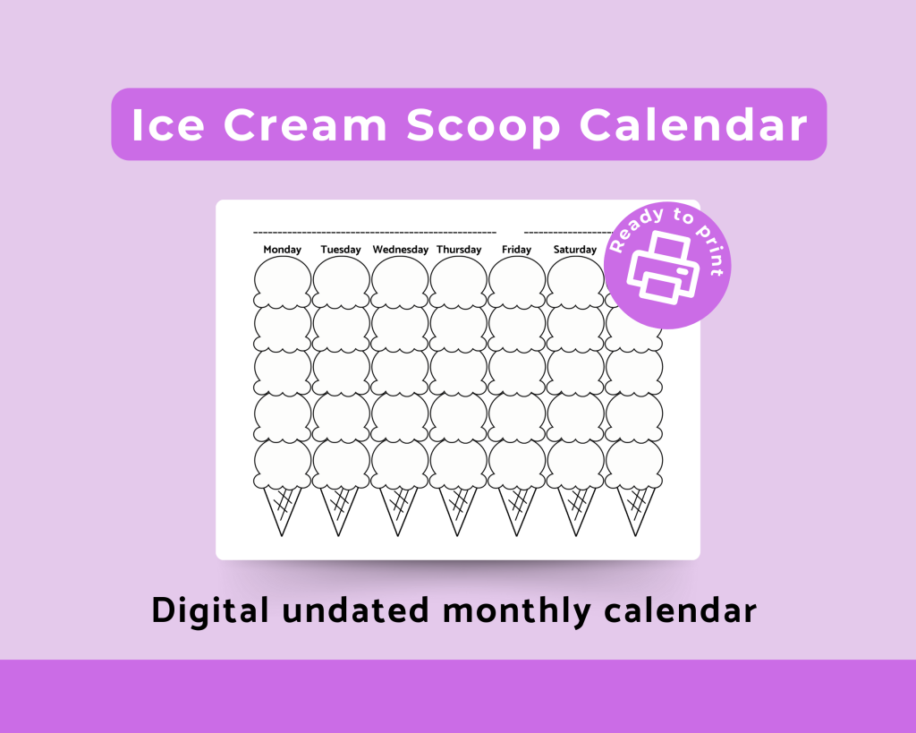 Printable one-month summer ice cream calendar, Undated hand-drawn ...